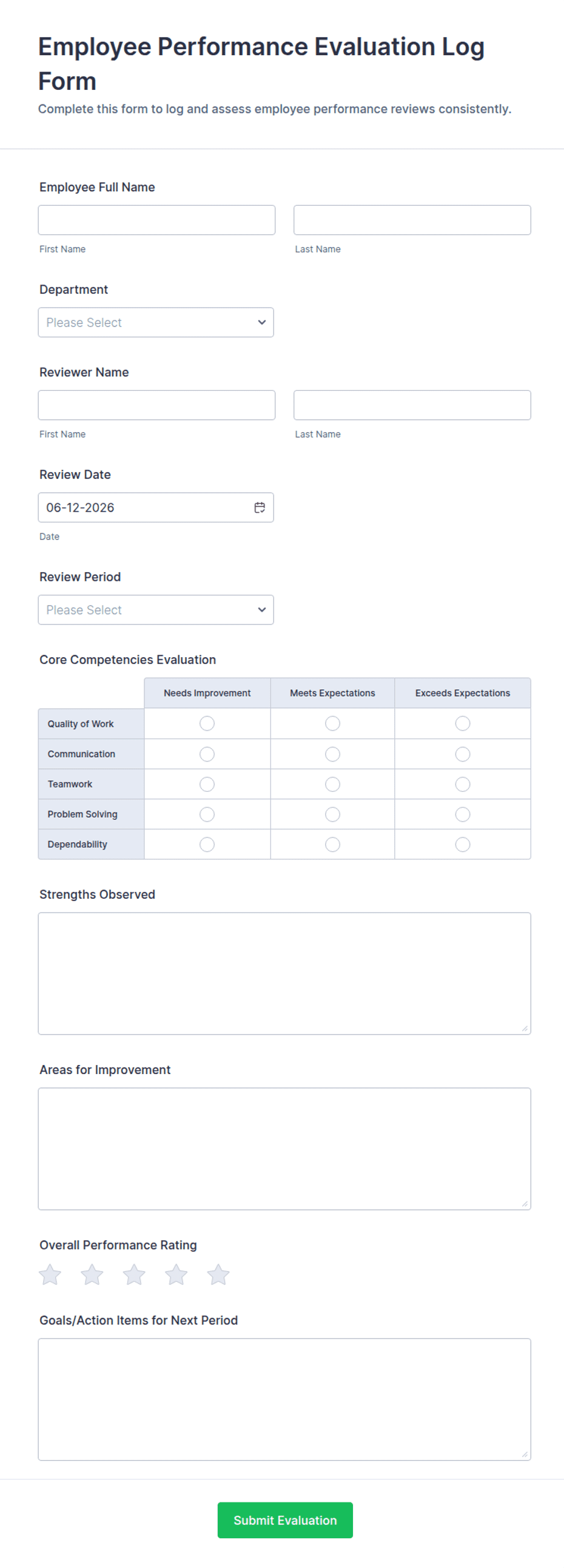 Employee Performance Evaluation Log Form Template | Jotform
