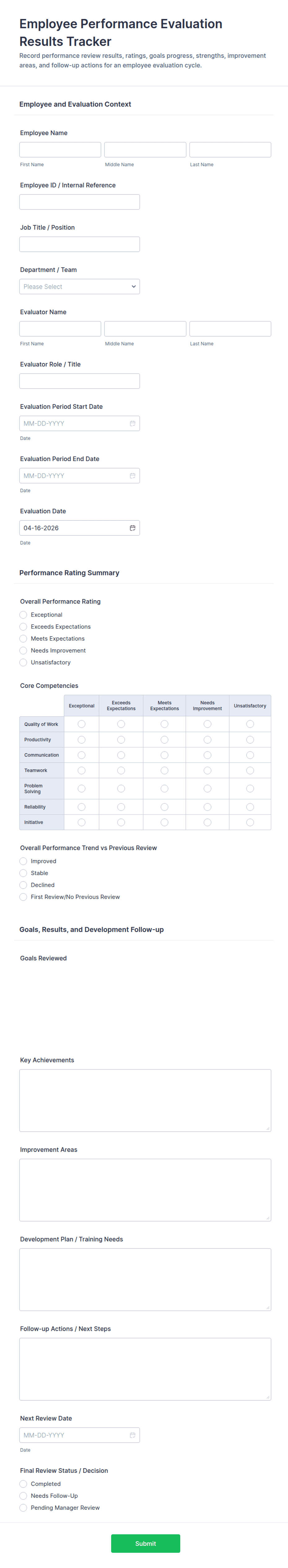 Employee Performance Evaluation Results Tracker Form Template | Jotform
