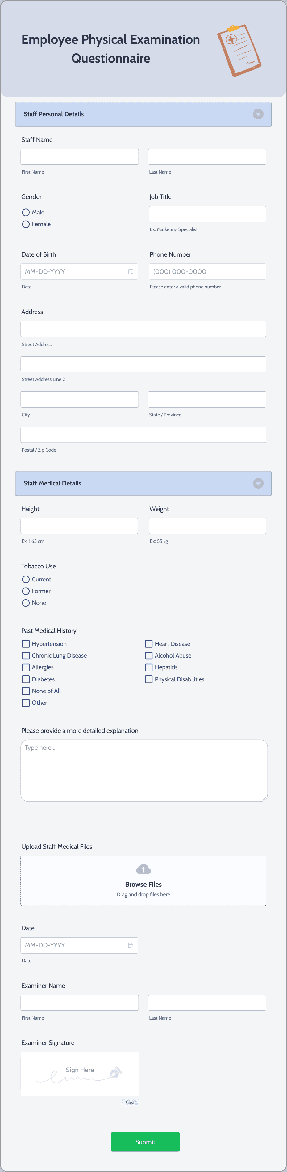 Employee Physical Examination Questionnaire Form Template | Jotform