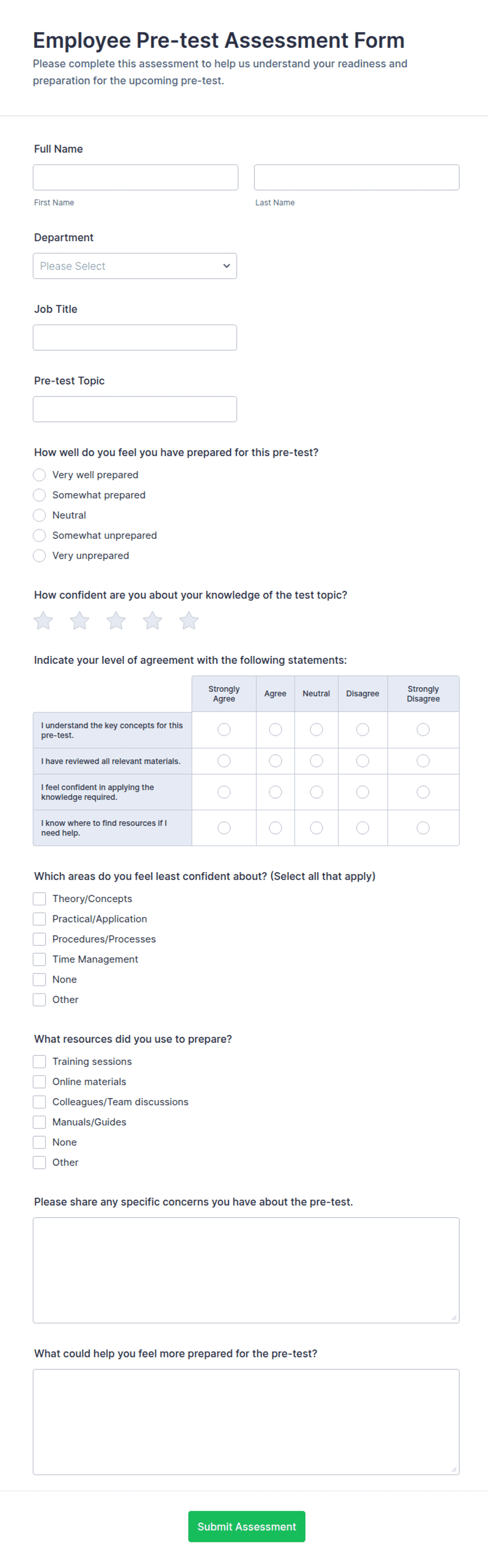 Employee Pre-test Assessment Form Template | Jotform