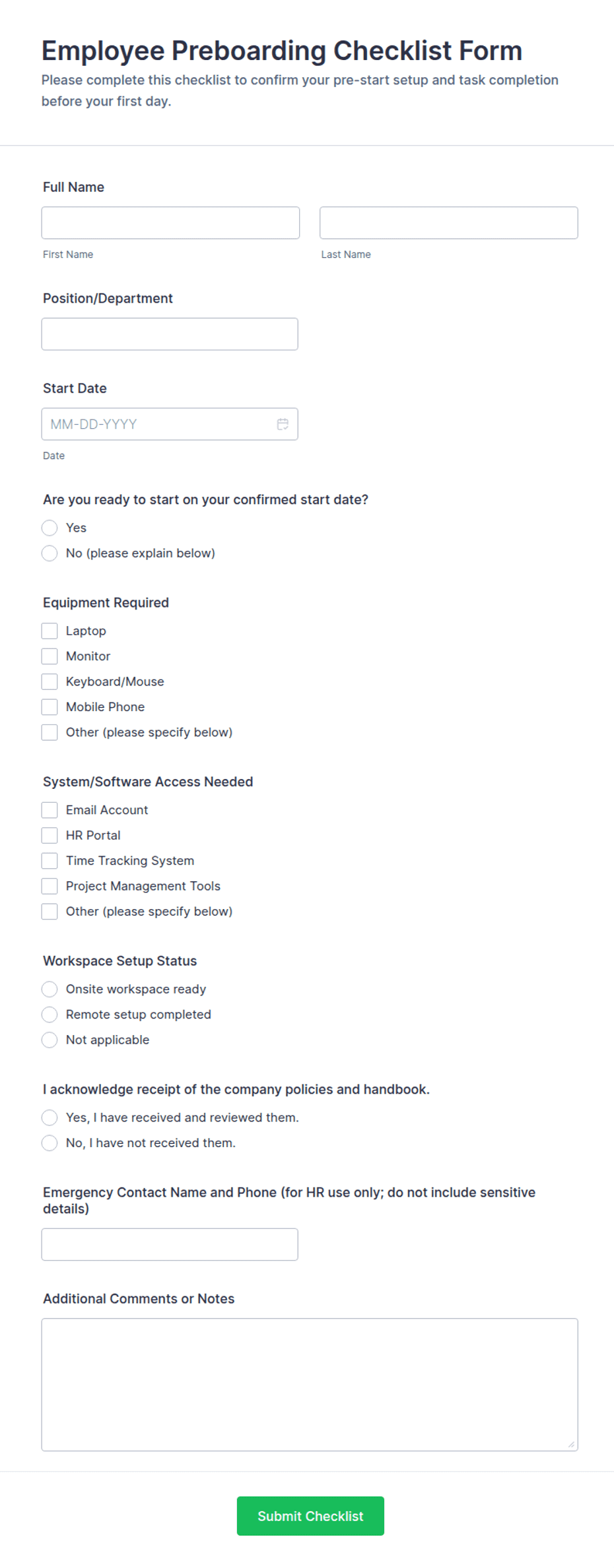 Employee Preboarding Checklist Form Template | Jotform