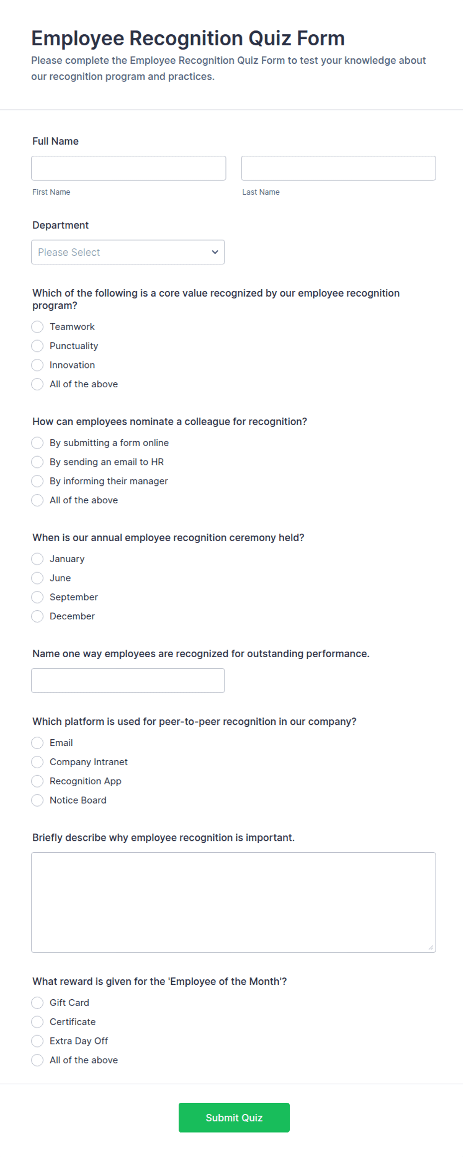 Employee Recognition Quiz Form Template | Jotform