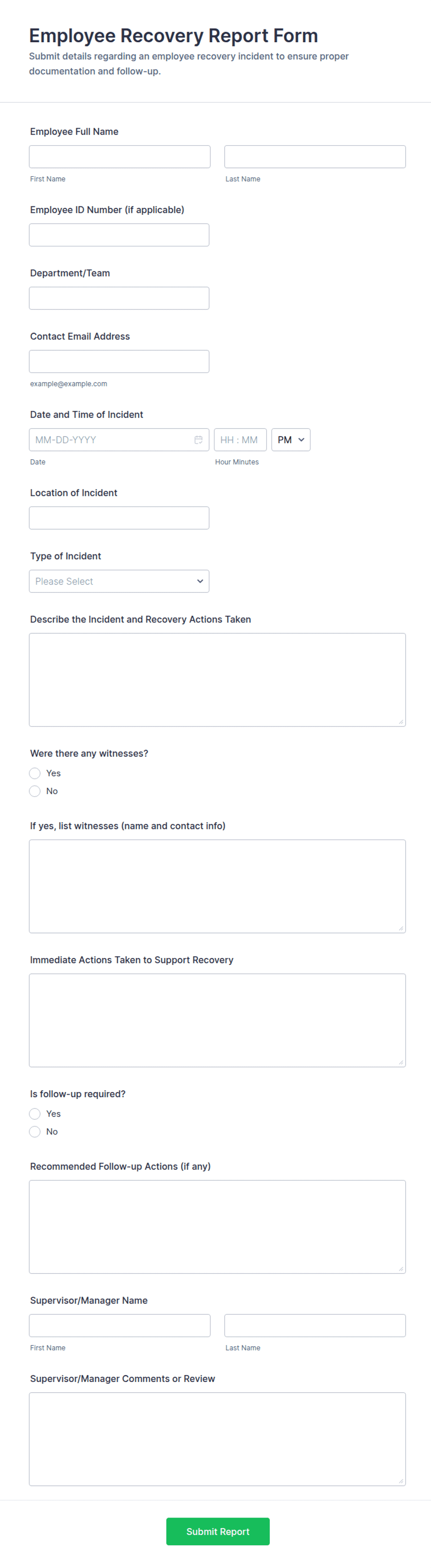 Employee Recovery Report Form Template | Jotform