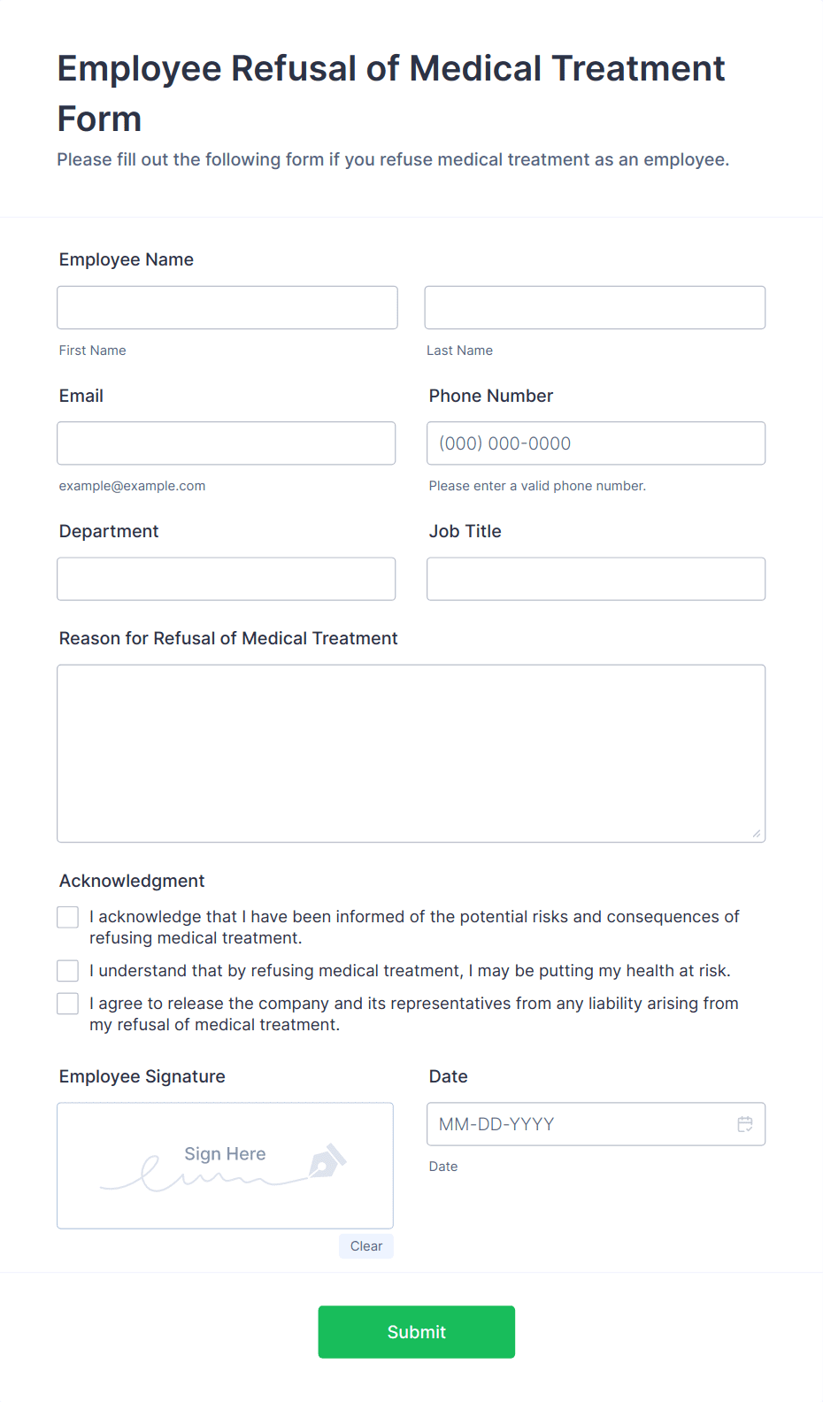 Employee Refusal of Medical Treatment Form Template | Jotform Employee Refusal of Medical Treatment Form Template | Jotform