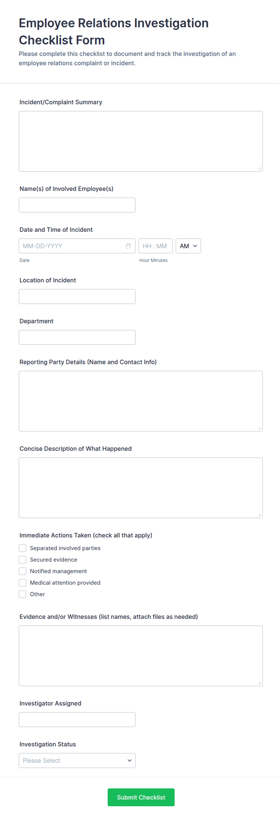 Employee Relations Investigation Checklist Form Template | Jotform