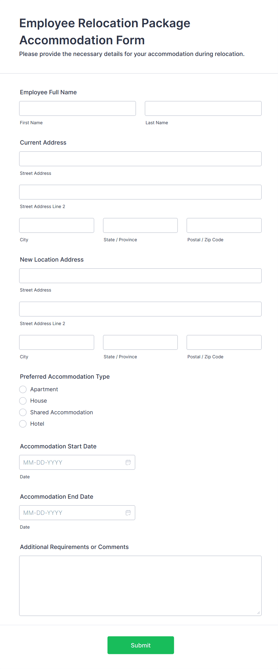 Employee Relocation Package Accommodation Form Template | Jotform