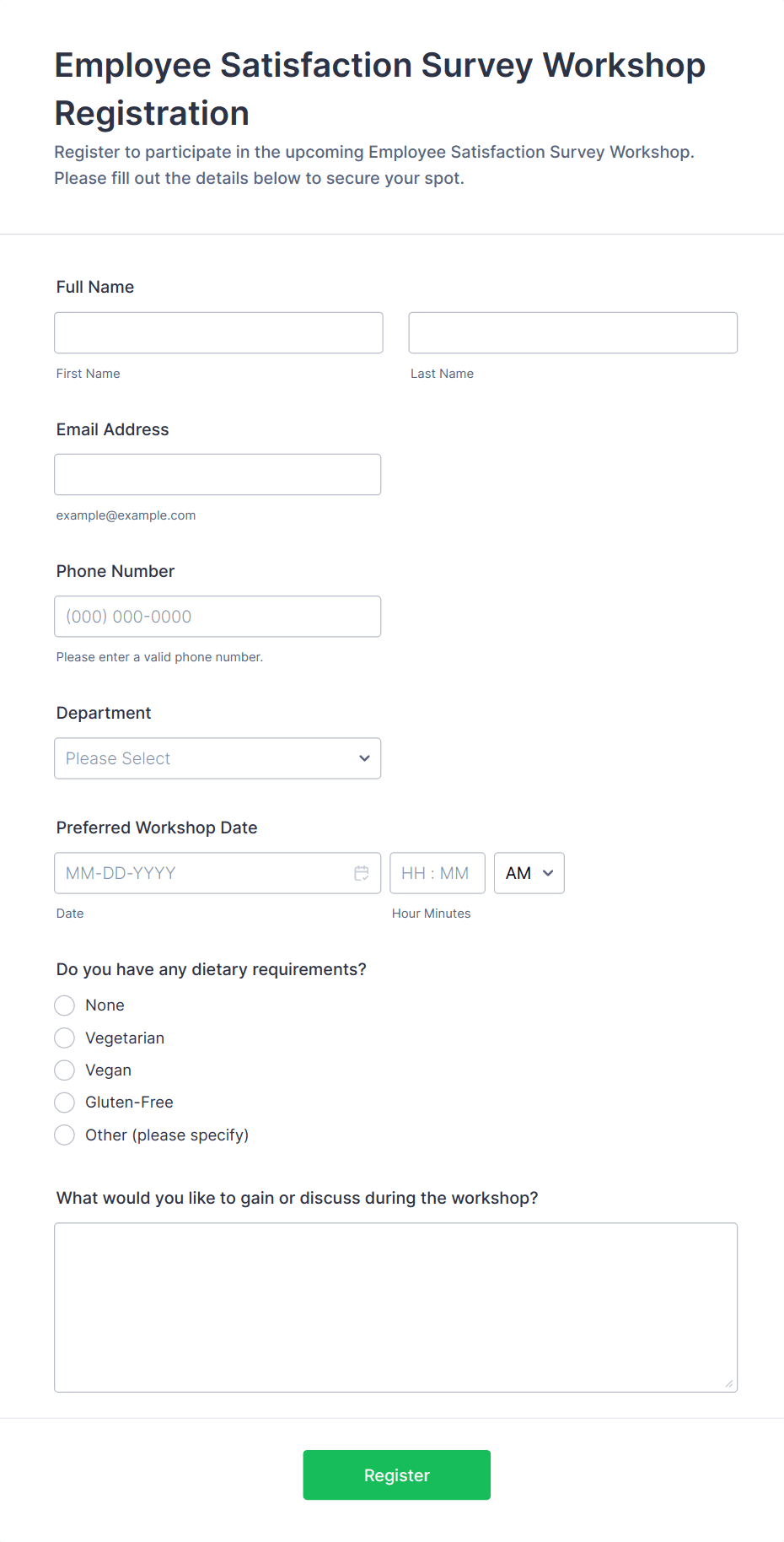 Employee Satisfaction Survey Workshop Registration Form Template | Jotform