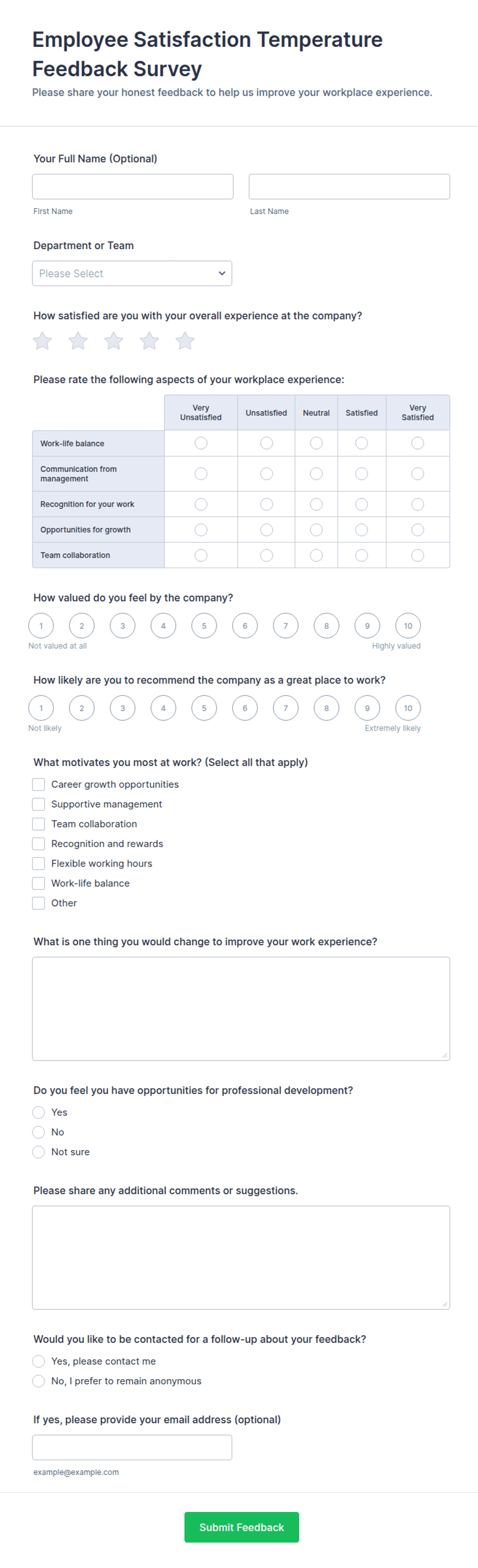 Employee Satisfaction Temperature Feedback Survey Form Template | Jotform