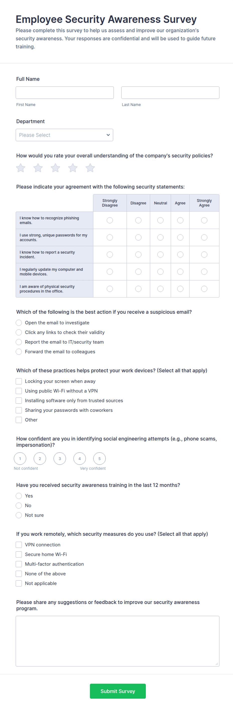 Employee Security Awareness Survey Form Template | Jotform