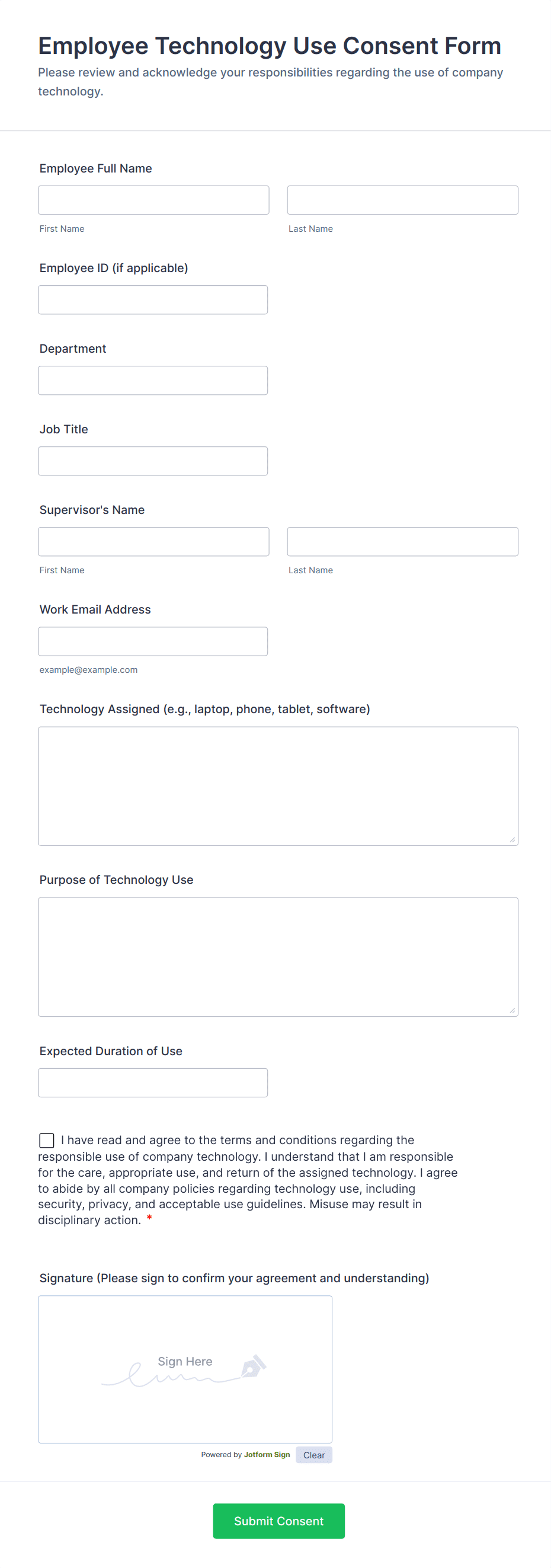 Employee Technology Use Consent Form Template | Jotform