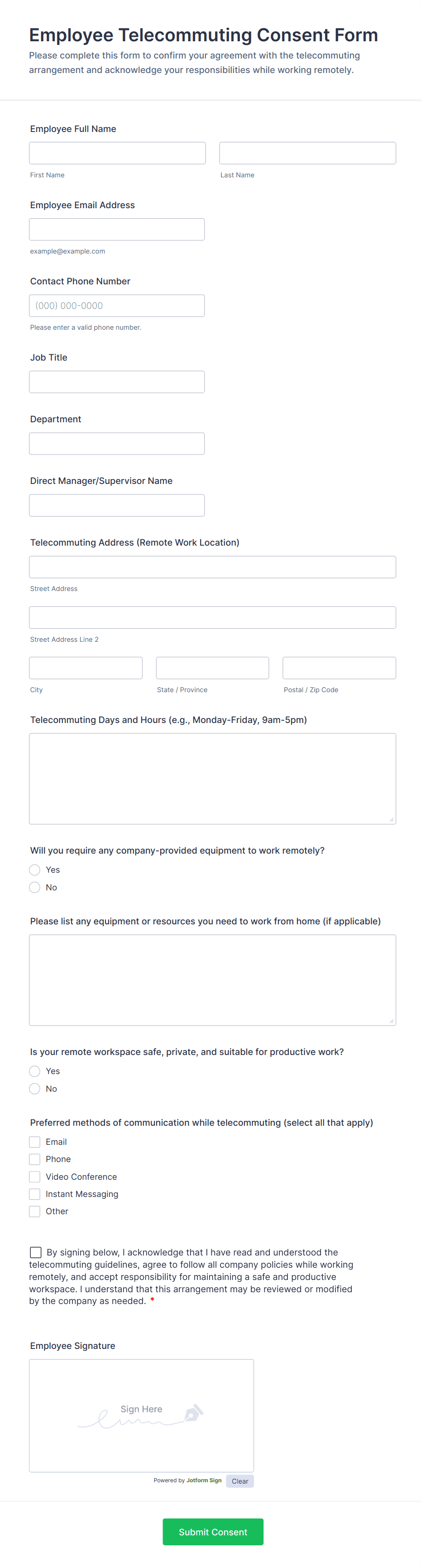 Employee Telecommuting Consent Form Template | Jotform