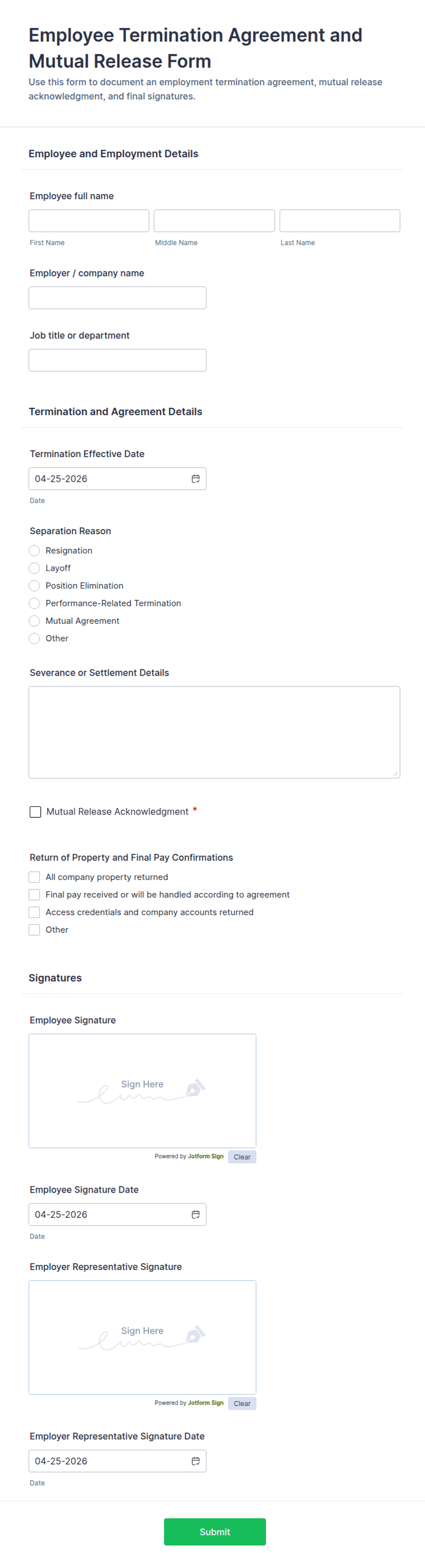 Employee Termination Agreement and Mutual Release Form Template | Jotform