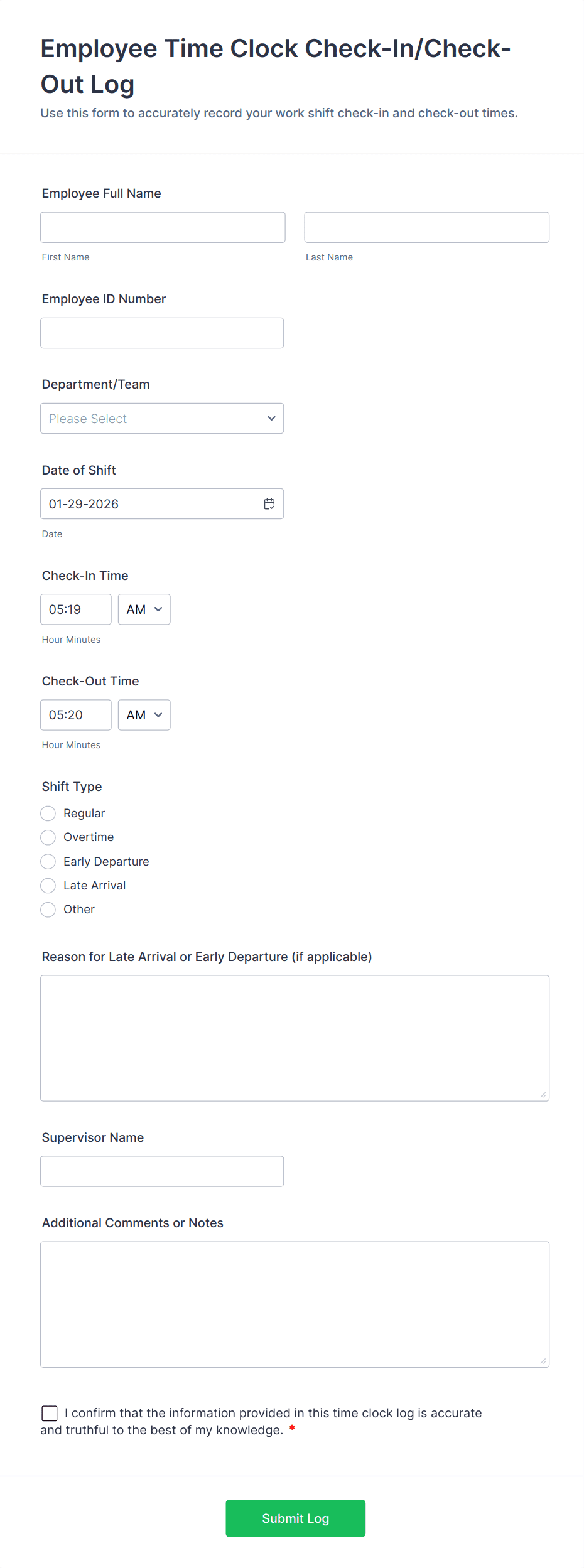 Employee Time Clock Check-In/Check-Out Log Form Template | Jotform