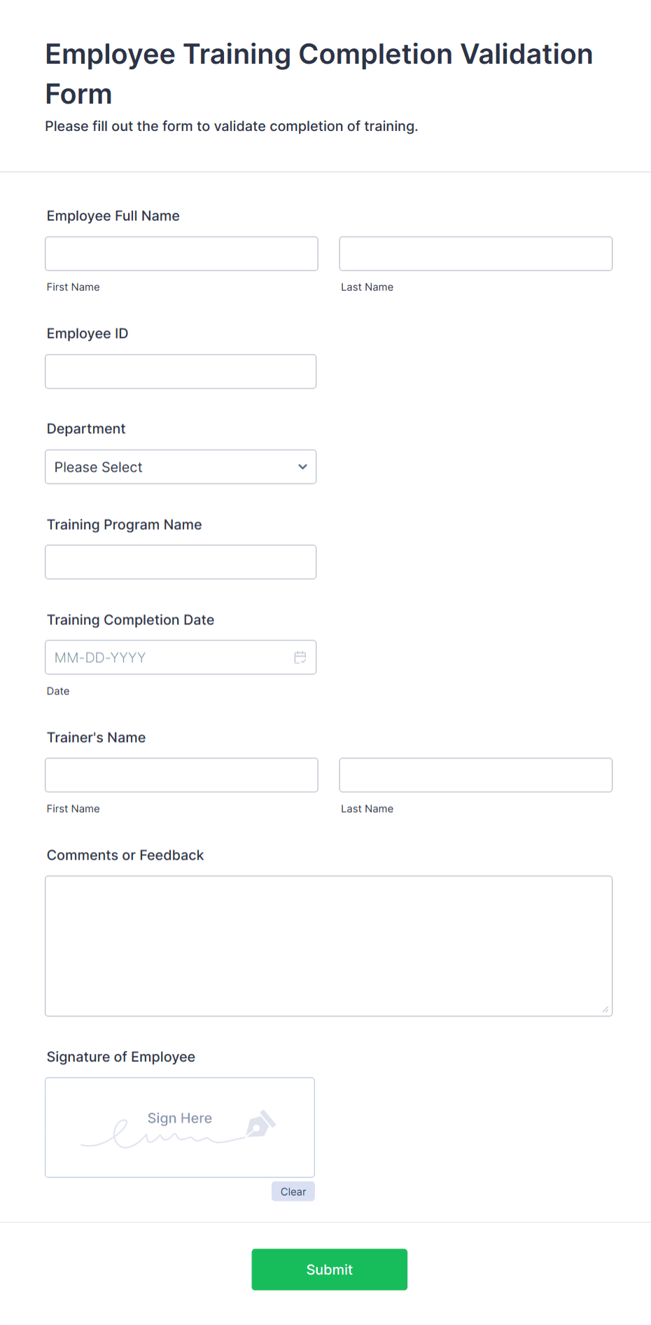 Employee Training Completion Validation Form Template | Jotform