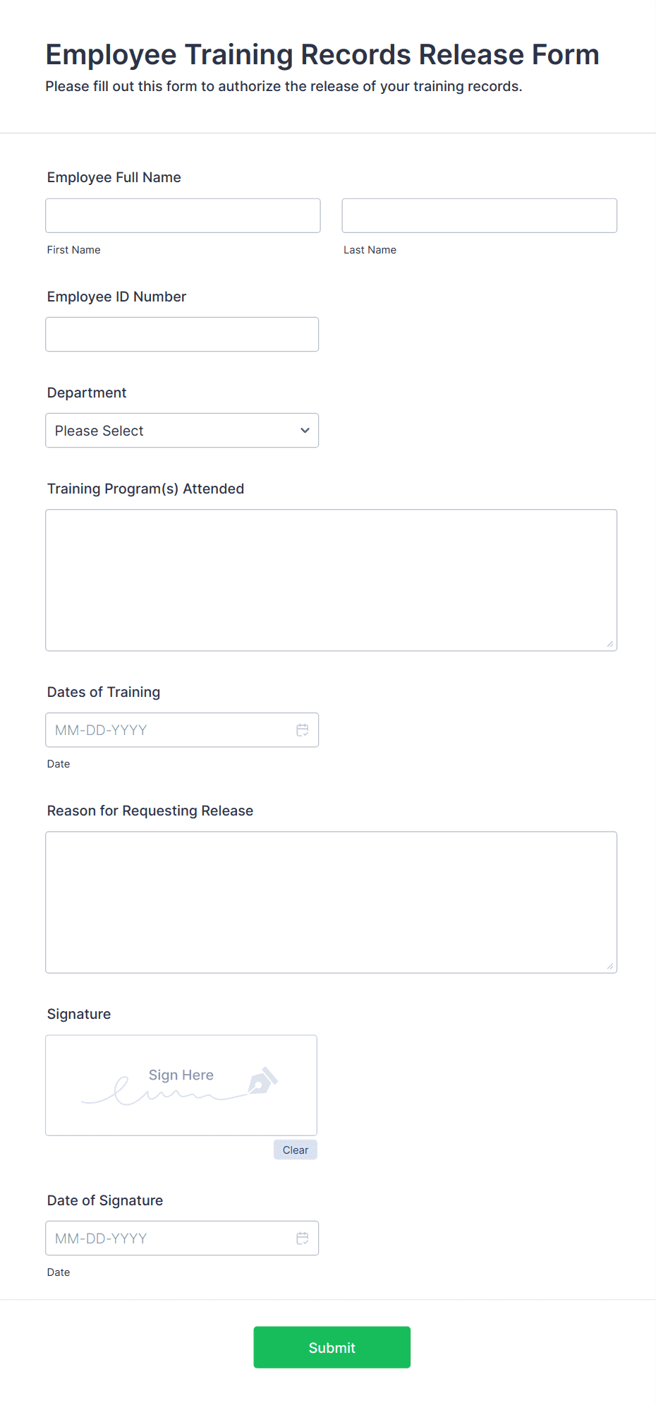 Employee Training Records Release Form Template | Jotform