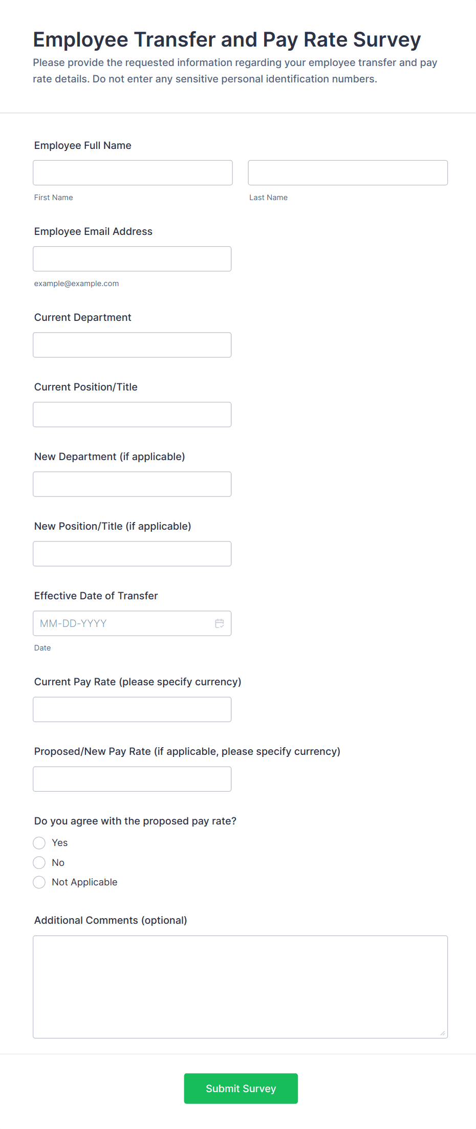 Employee Transfer and Pay Rate Survey Form Template | Jotform