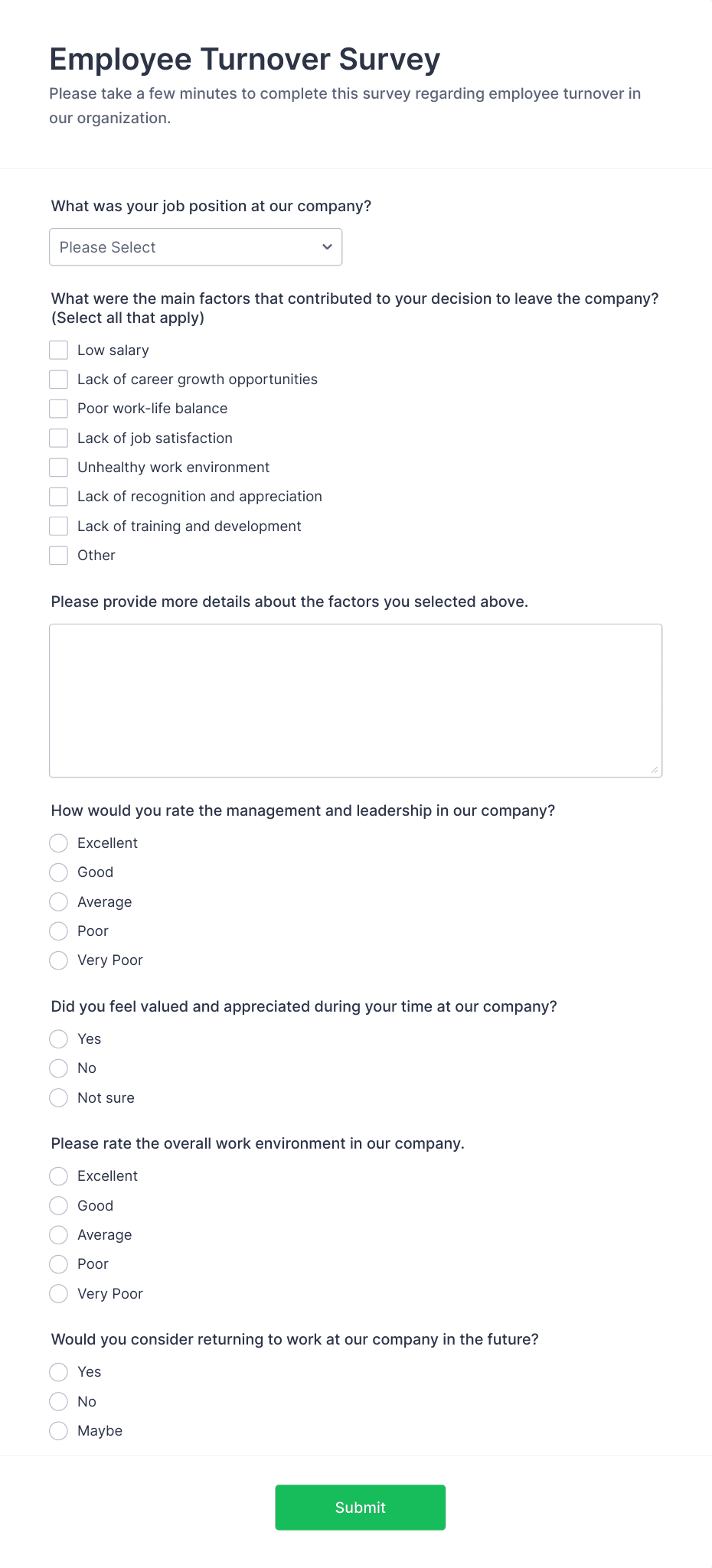 Employee Turnover Survey Form Template | Jotform