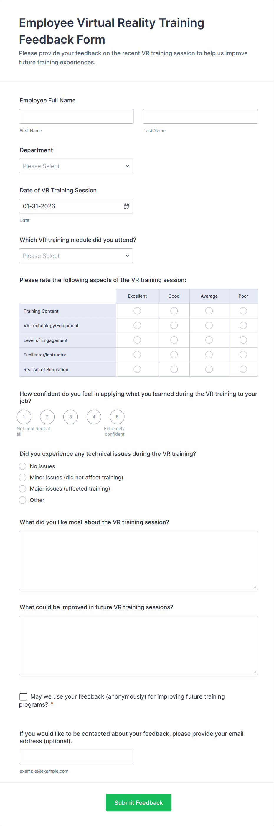 Employee Virtual Reality Training Feedback Form Template | Jotform