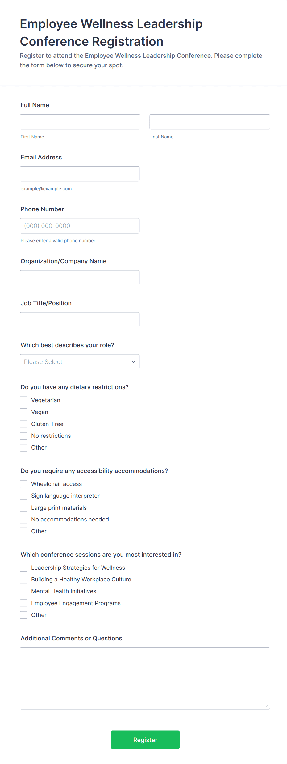 Employee Wellness Leadership Conference Registration Form Template ...