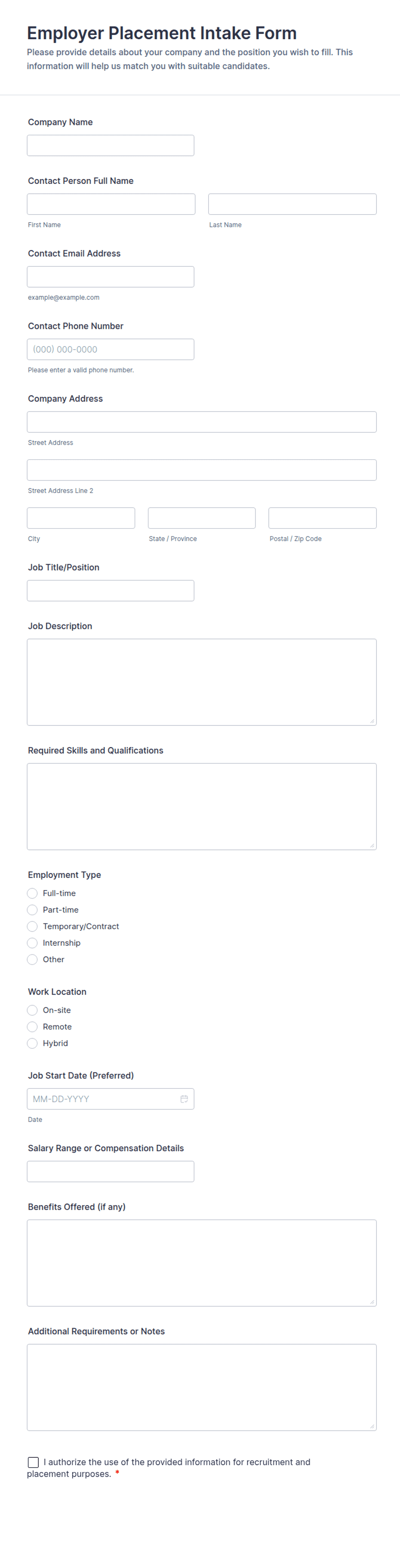 Employer Placement Intake Form Template | Jotform
