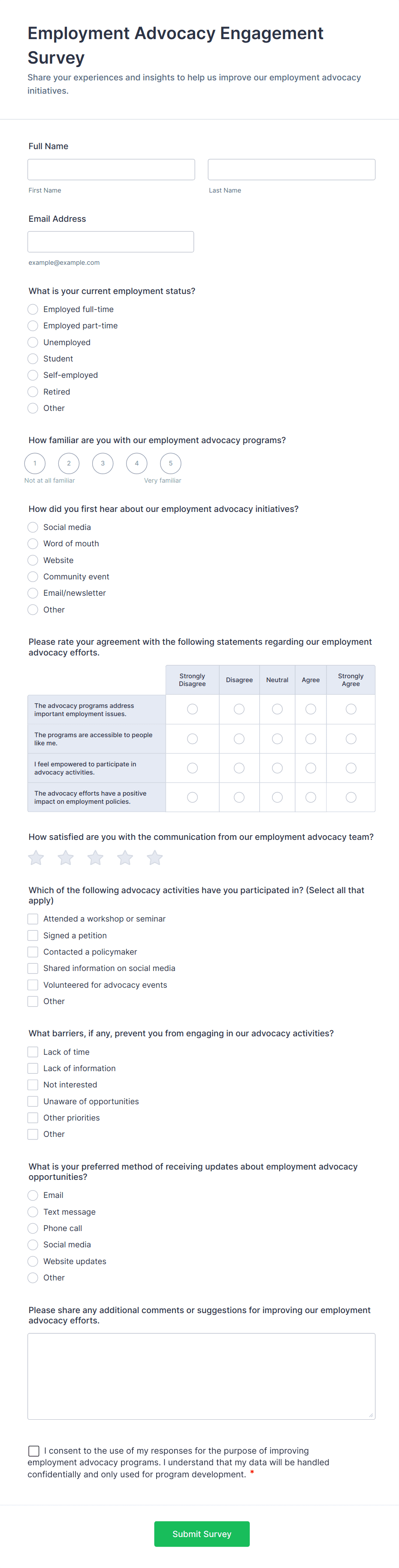 Employment Advocacy Engagement Survey Form Template | Jotform
