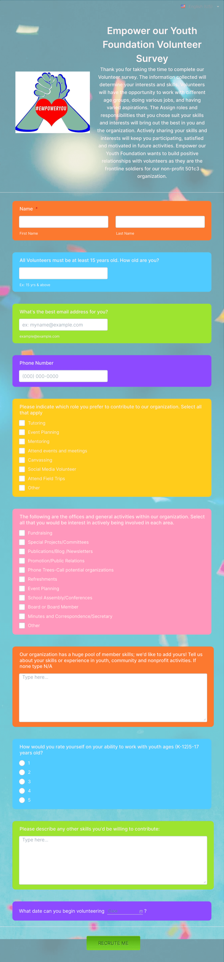 Empower our Youth Foundation Volunteer Survey Form Template | Jotform
