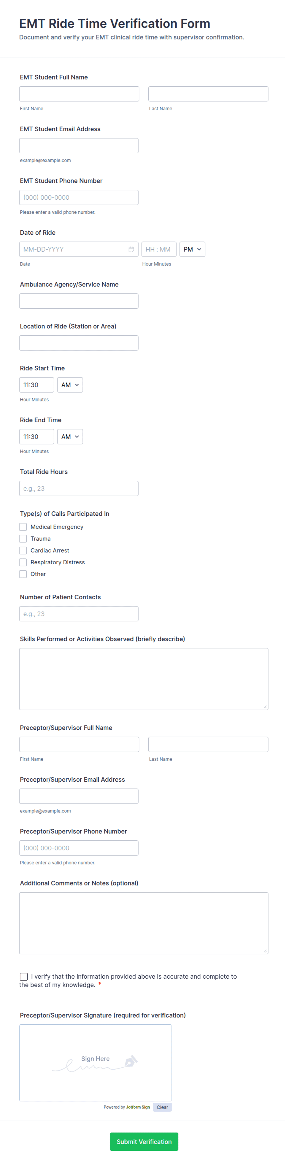EMT Ride Time Verification Form Template | Jotform
