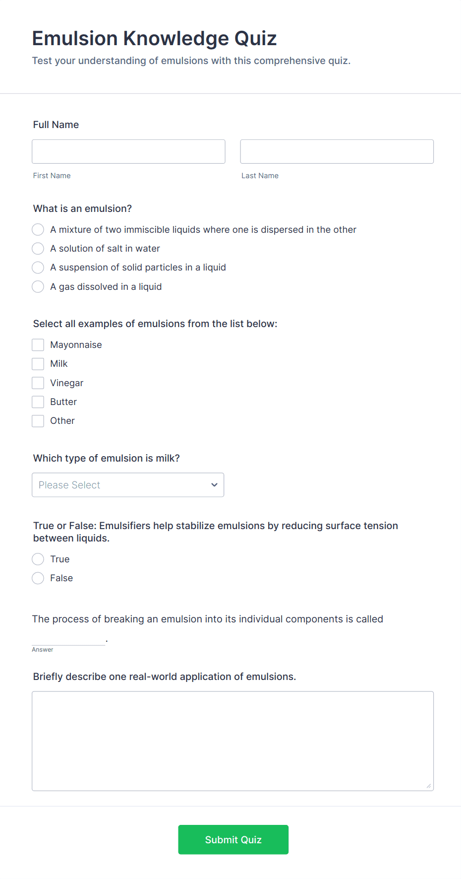 Emulsion Knowledge Quiz Form Template | Jotform