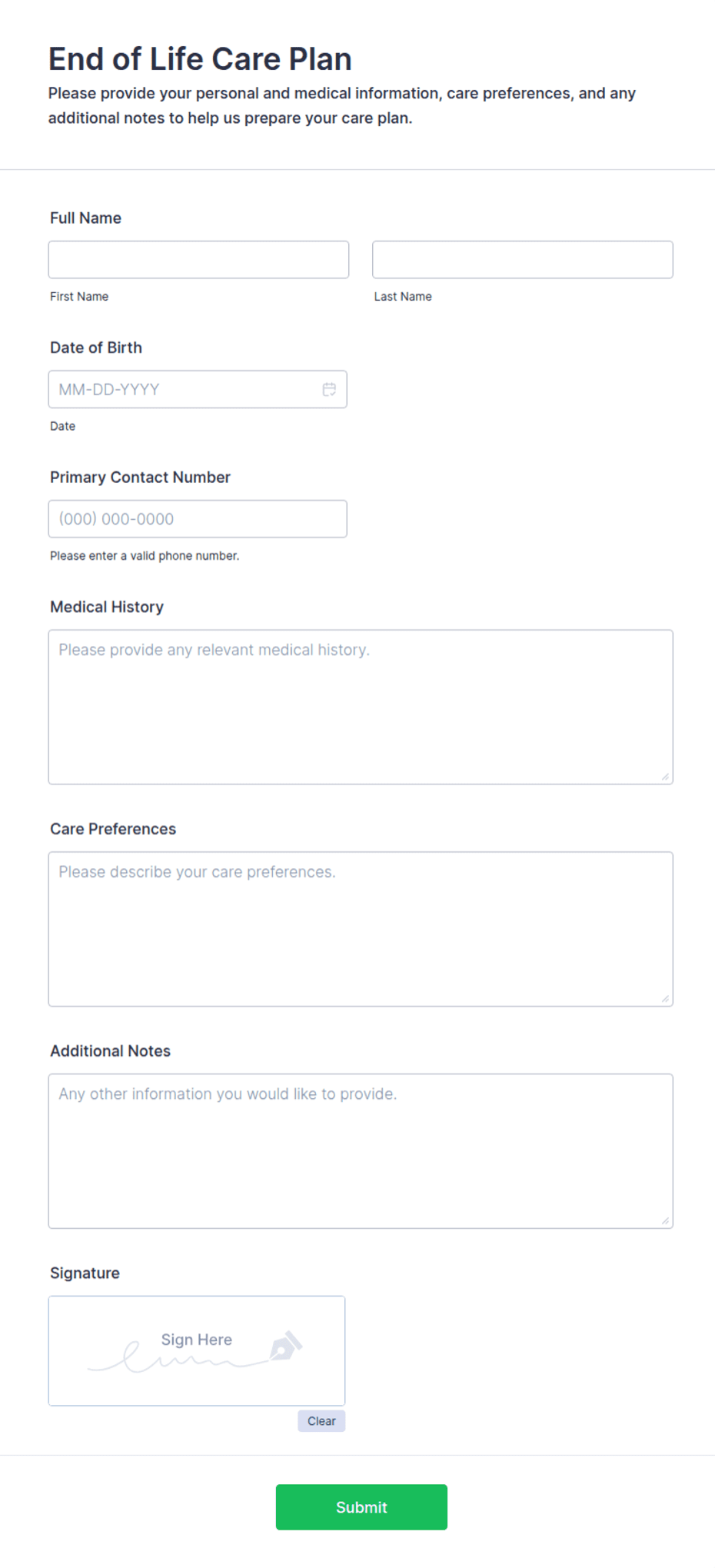 End of Life Care Plan Form Template | Jotform