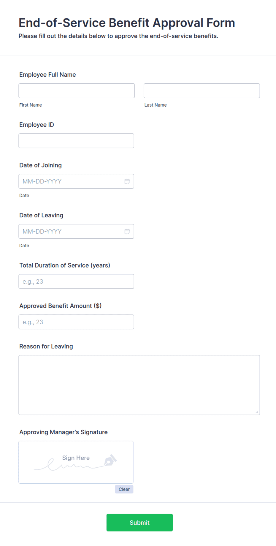 End-of-Service Benefit Approval Form Template | Jotform