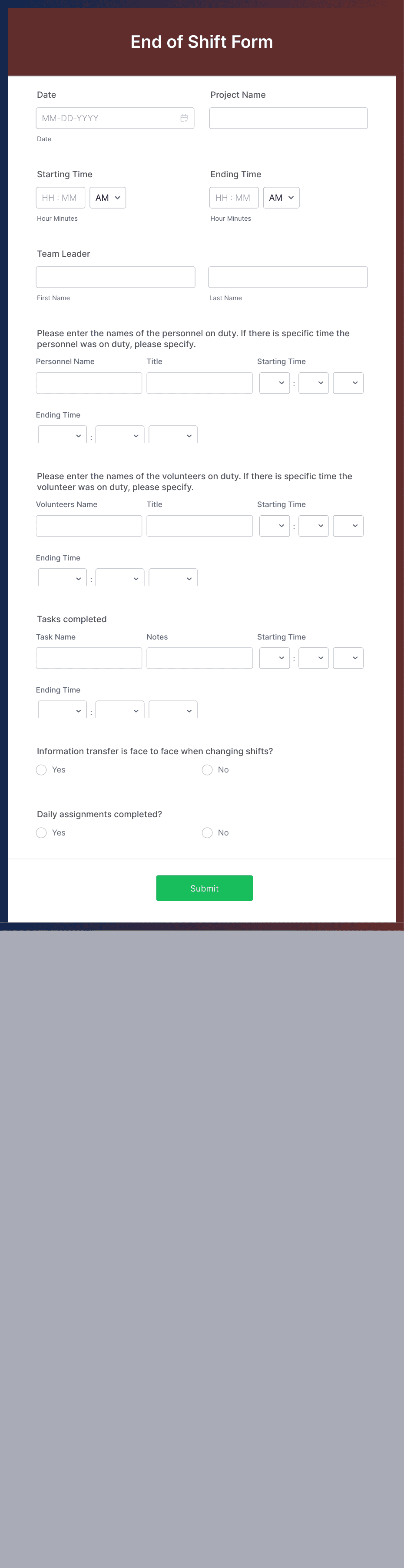 End of Shift Form Template | Jotform