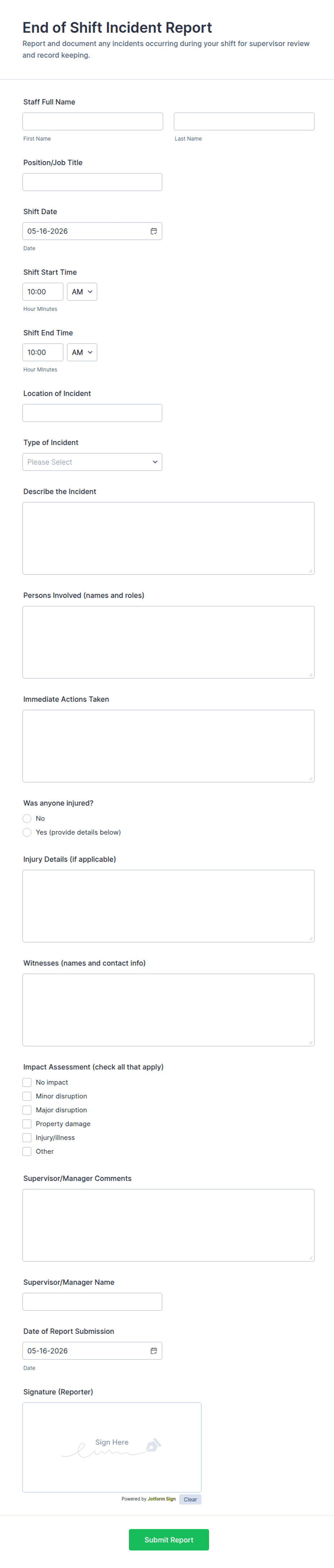 End of Shift Incident Report Form Template | Jotform