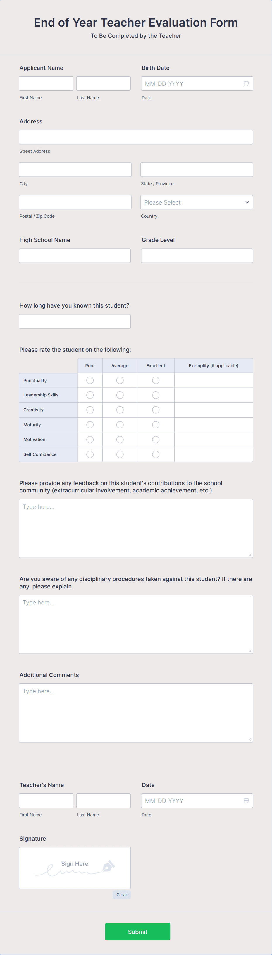 End of Year Teacher Evaluation Form Template | Jotform
