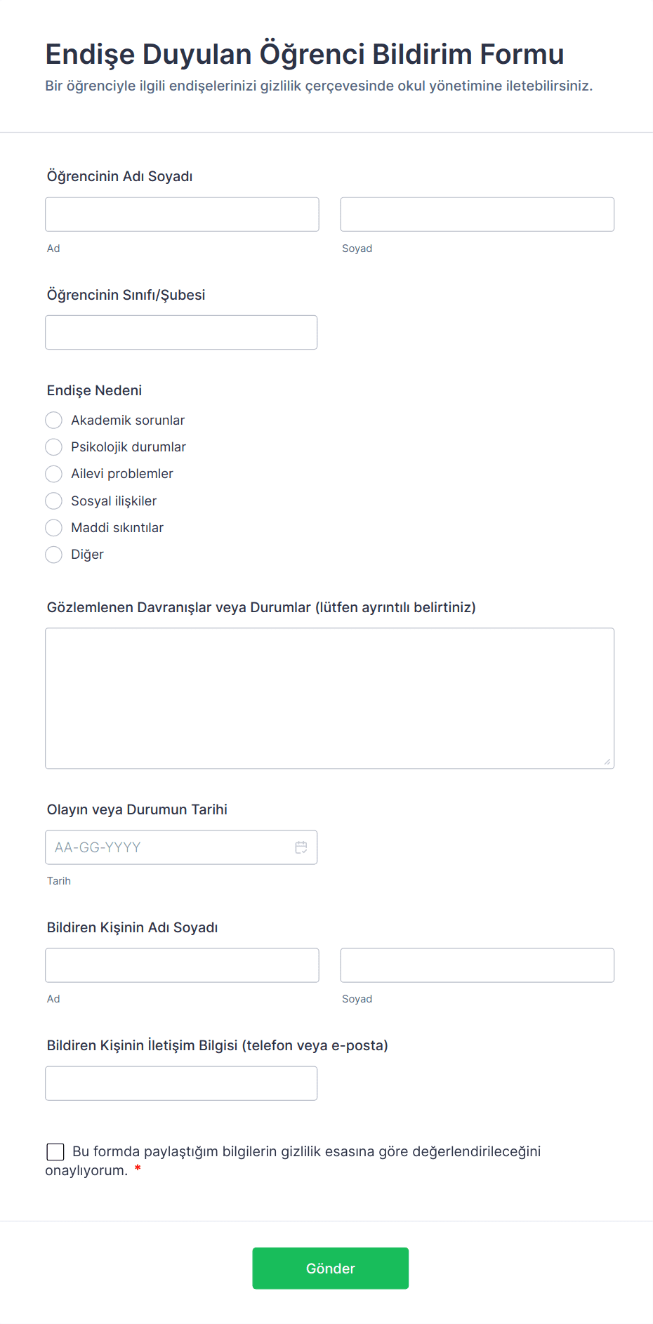 Endişe Duyulan Öğrenci Bildirim Form Şablonu | Jotform