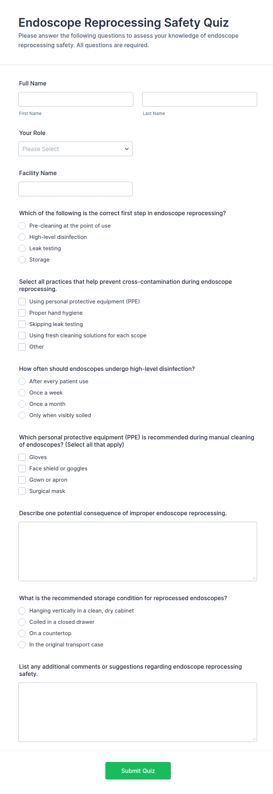 Endoscope Reprocessing Safety Quiz Form Template | Jotform