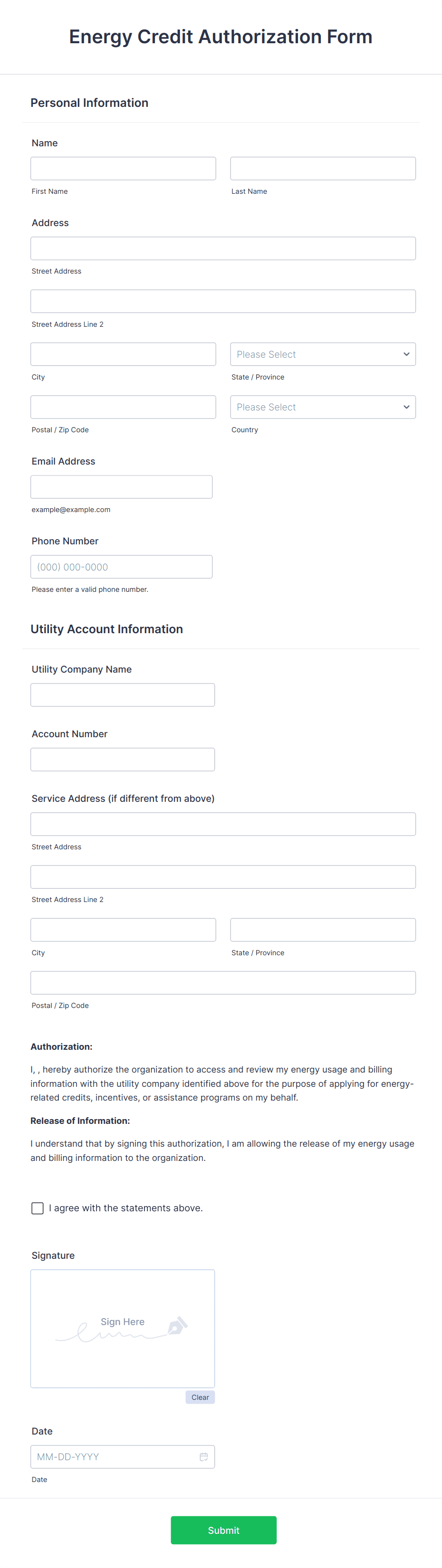 Energy Credit Authorization Form Template | Jotform