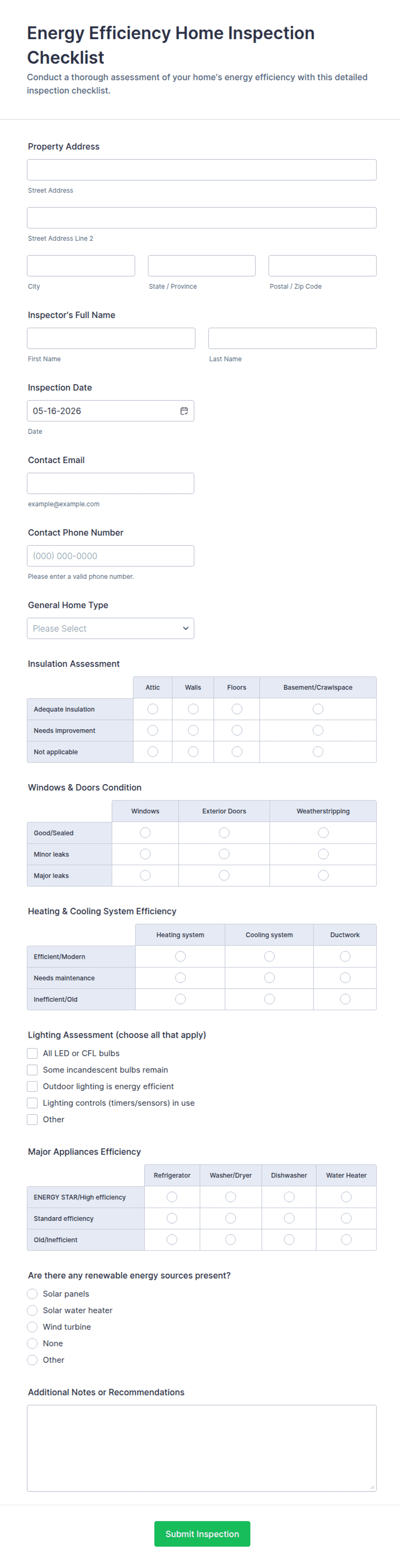 Energy Efficiency Home Inspection Checklist Form Template | Jotform