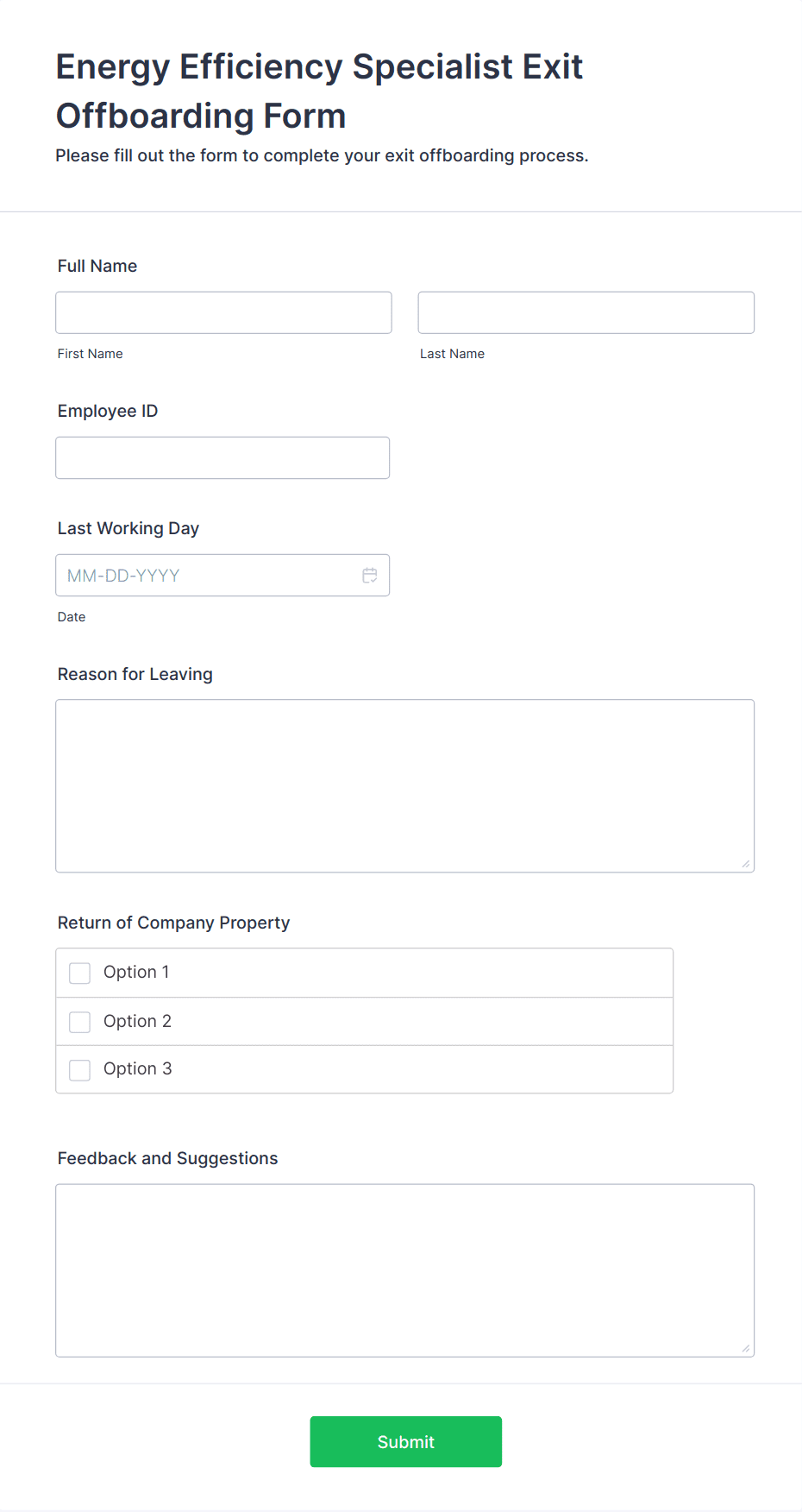 Energy Efficiency Specialist Exit Offboarding Form Template | Jotform