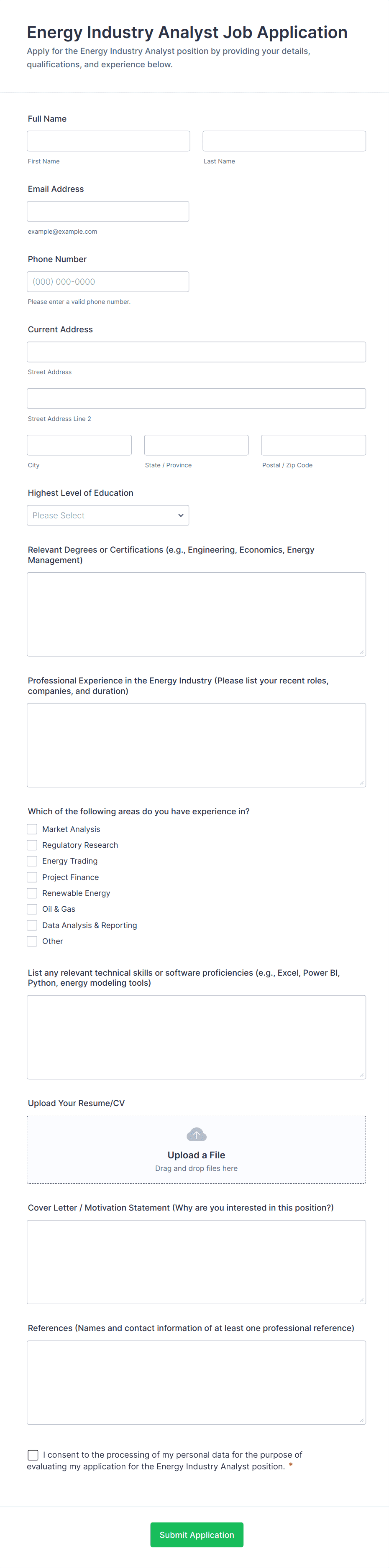 Energy Industry Analyst Job Application Form Template | Jotform