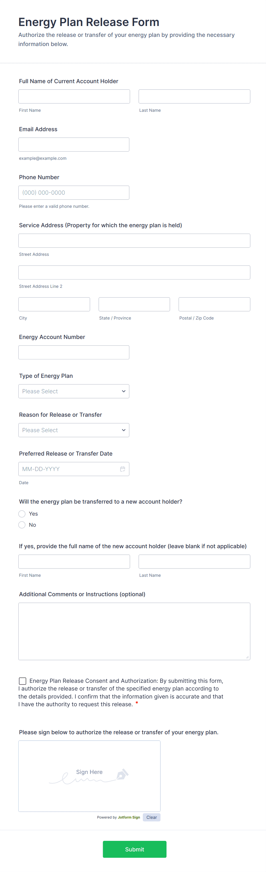 Energy Plan Release Form Template | Jotform
