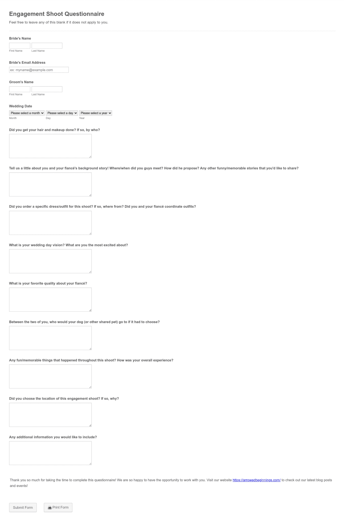 Engagement Shoot Questionnaire Form Template | Jotform