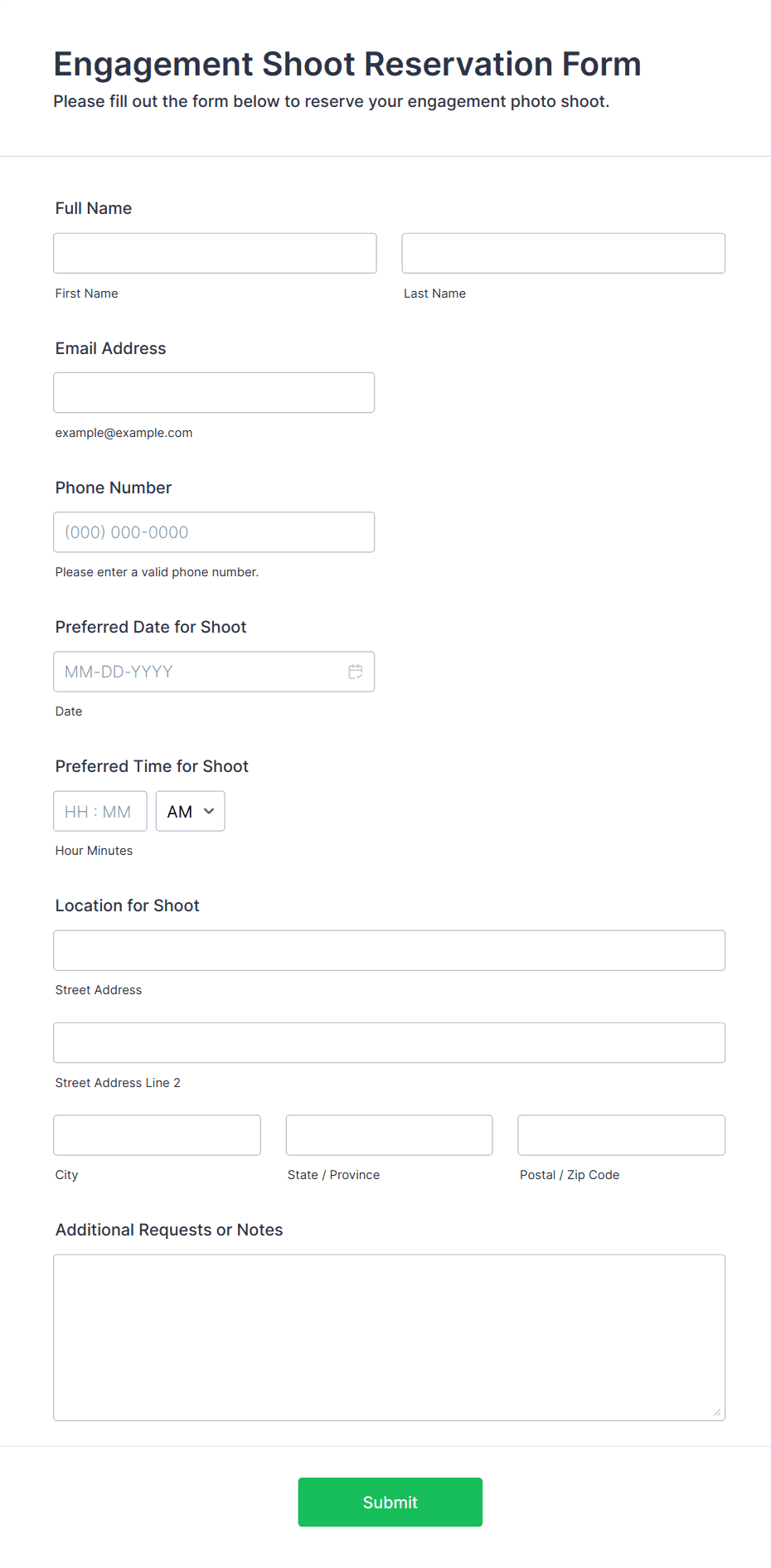 Engagement Shoot Reservation Form Template | Jotform