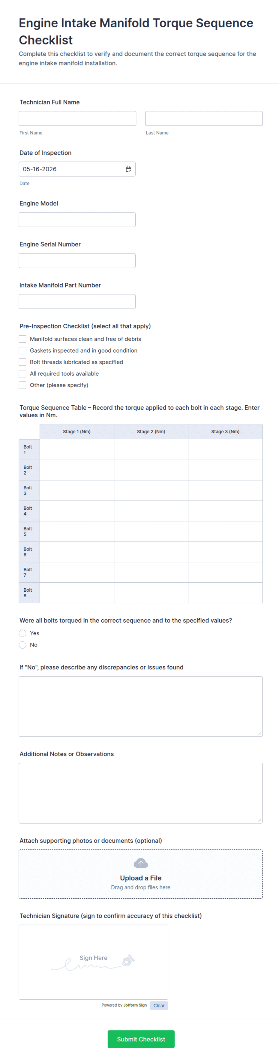 Engine Intake Manifold Torque Sequence Checklist Form Template | Jotform