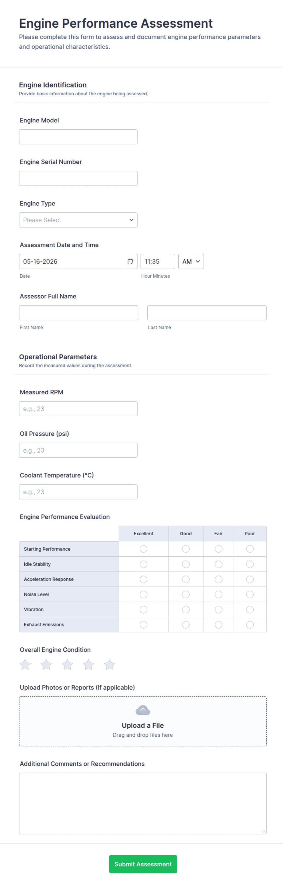Engine Performance Assessment Form Template | Jotform