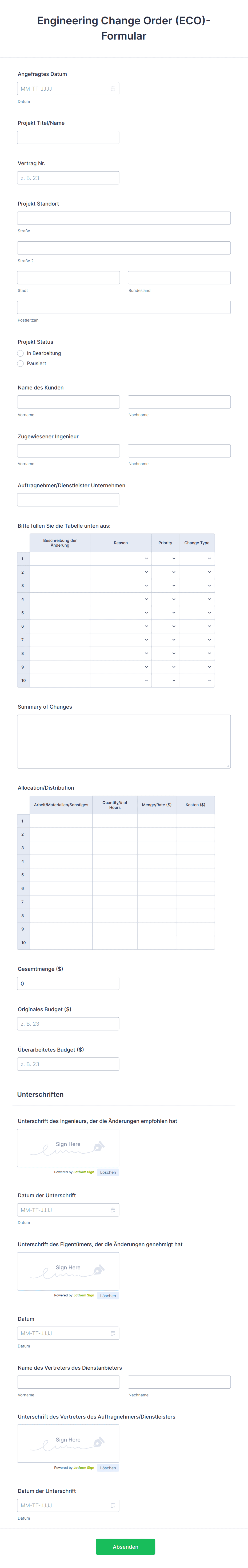 Engineering Change Order (ECO)-Formular Formularvorlage | Jotform