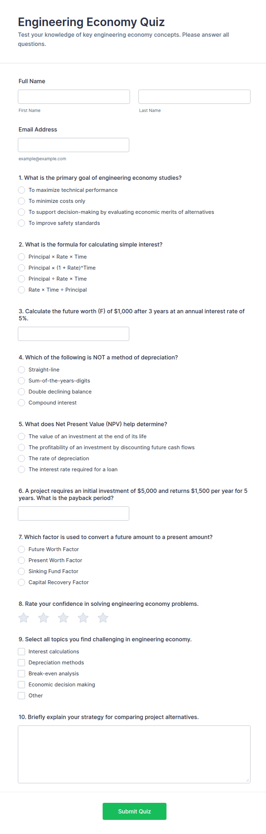 Engineering Economy Quiz Form Template | Jotform