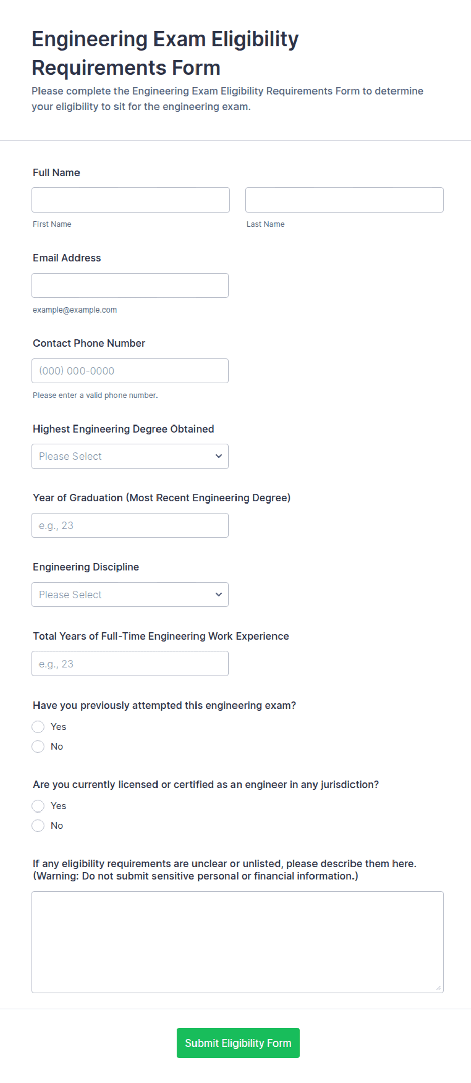 Engineering Exam Eligibility Requirements Form Template | Jotform
