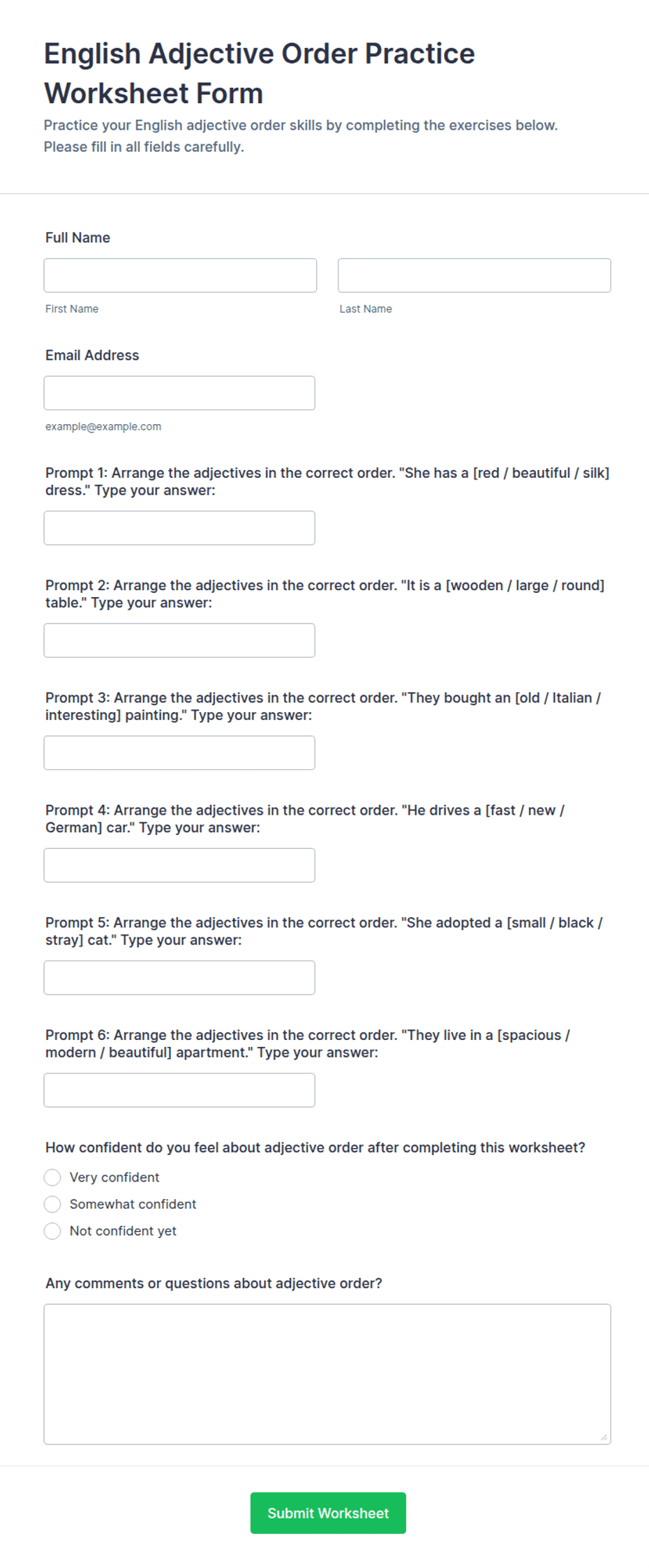 English Adjective Order Practice Worksheet Form Template | Jotform