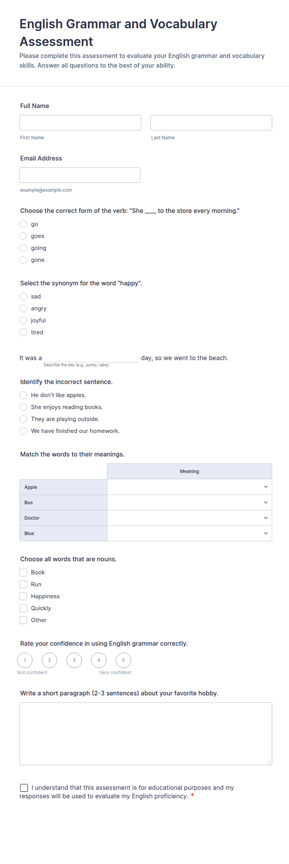 English Grammar and Vocabulary Assessment Form Template | Jotform
