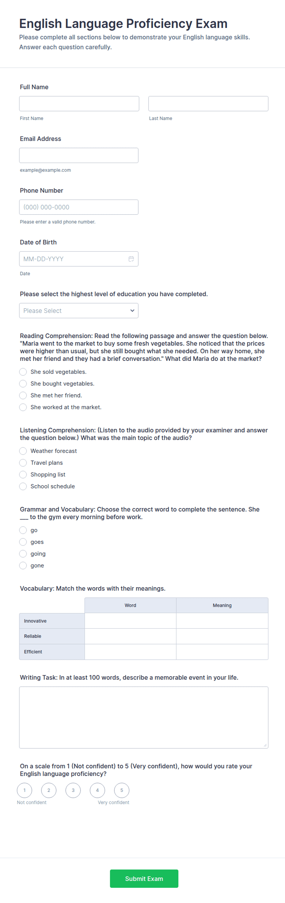 English Language Proficiency Exam Form Template | Jotform